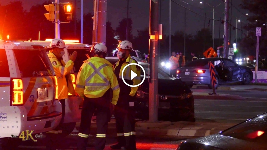 Mississauga: Rainy evening two-car MVC at Derry Road busy corner 9-21-2021